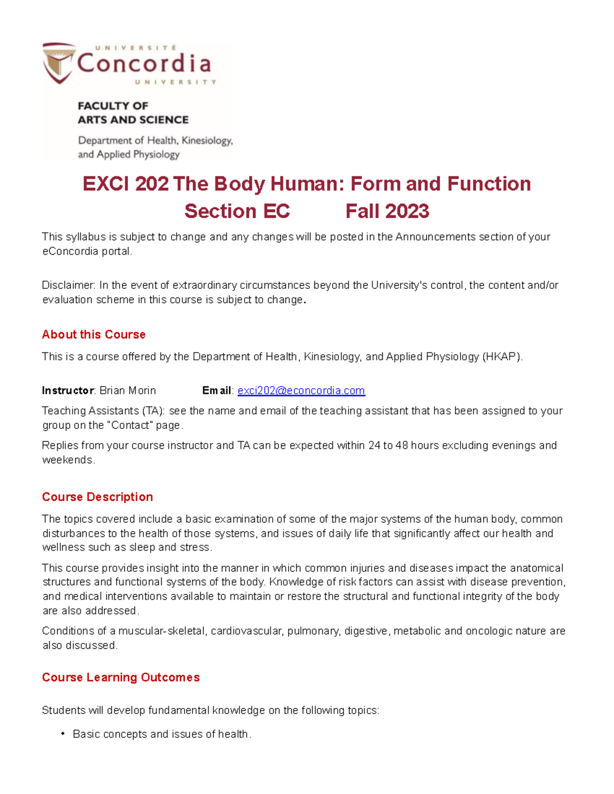 Body human - Course outline - EXCI 202 The Body Human: Form and ...
