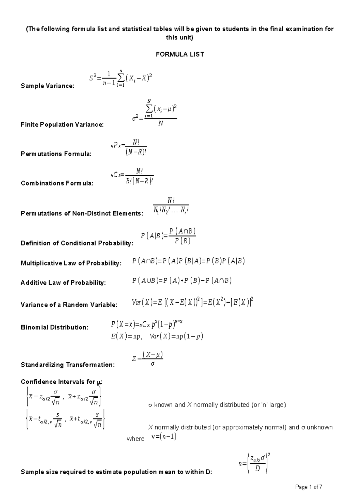 Formula List and Statistical Tables - (The following formula list and ...