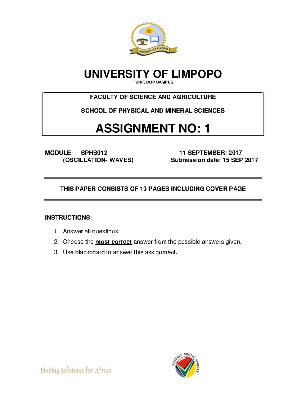 Assignmnet NO 1 SPHS012 2017 - UNIVERSITY OF LIMPOPO TURFLOOP CAMPUS ...