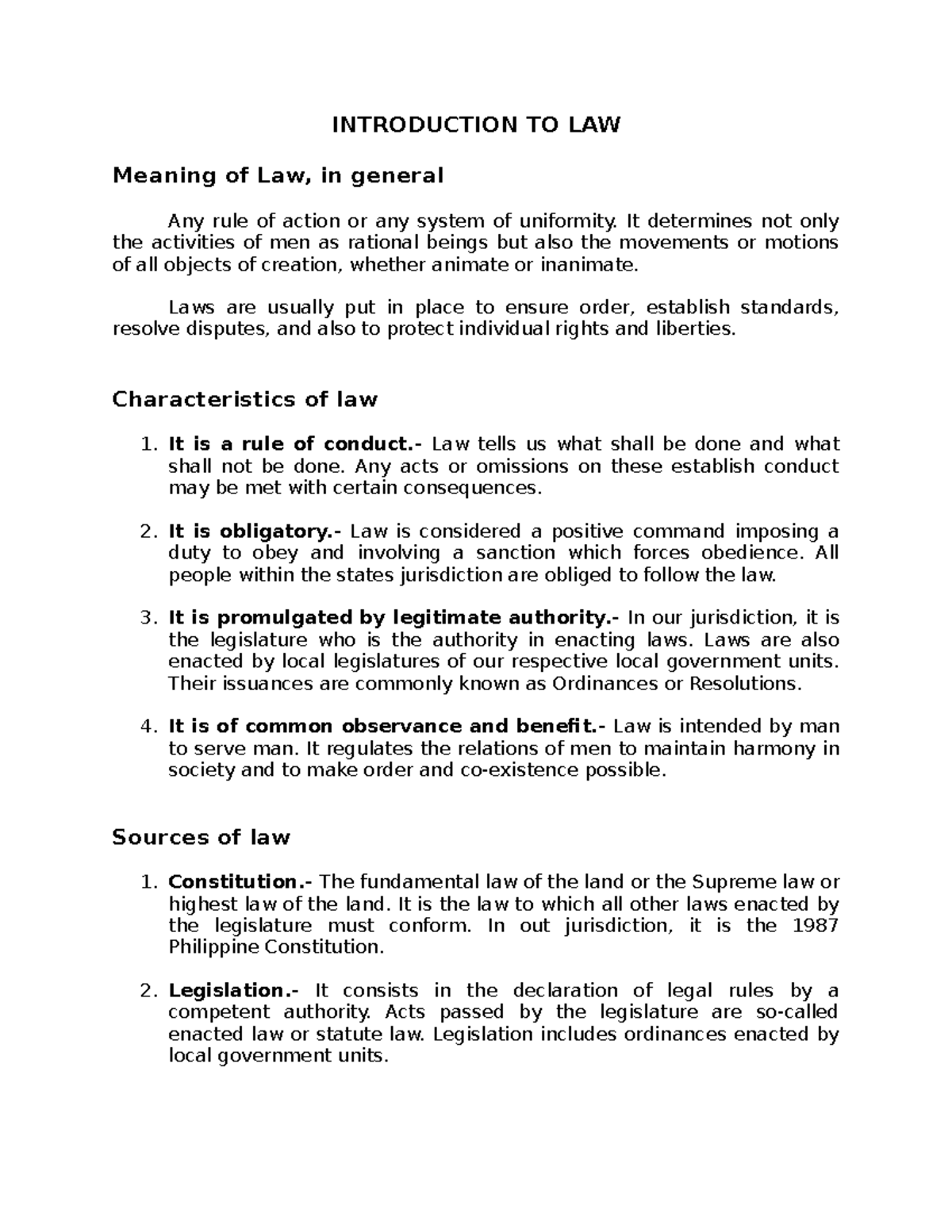 Chapter 1 Obligations And Contracts Introduction INTRODUCTION TO LAW