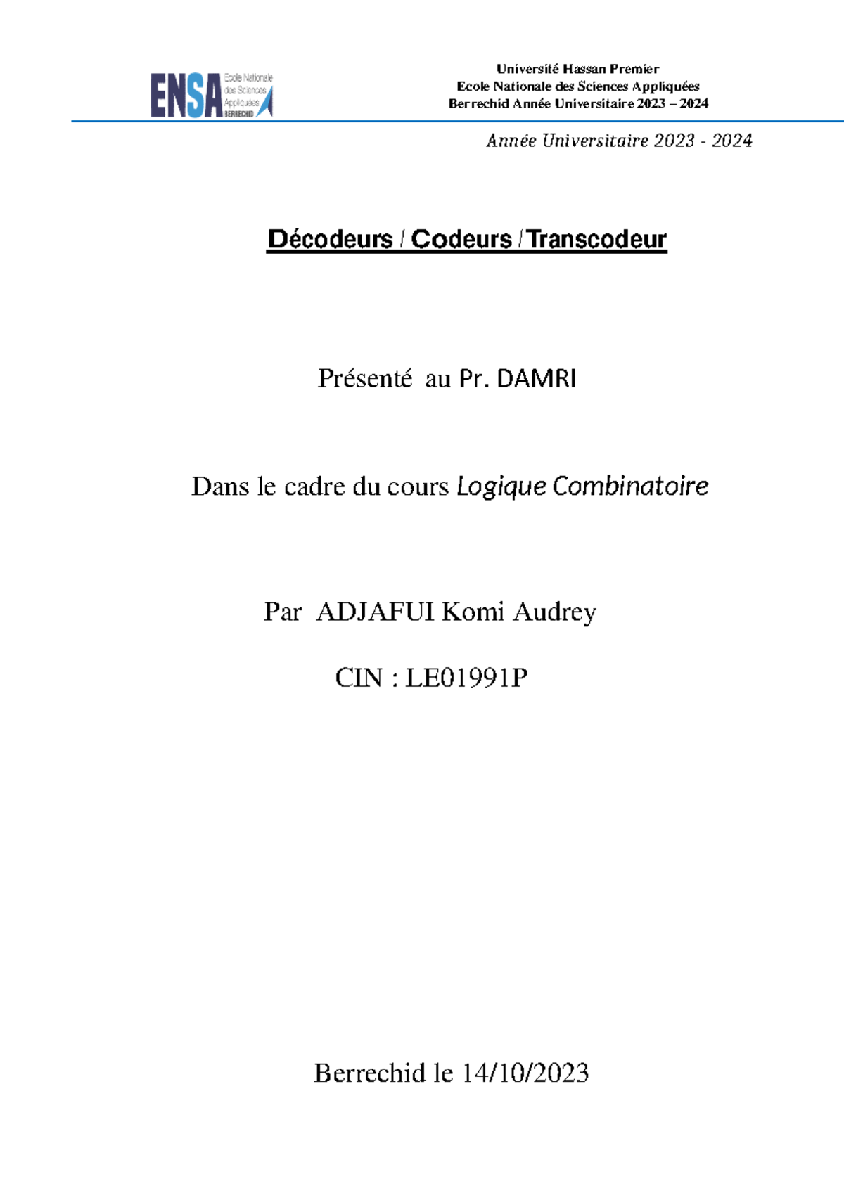 Codeur Décodeur - ####### Université Hassan Premier ####### Ecole ...