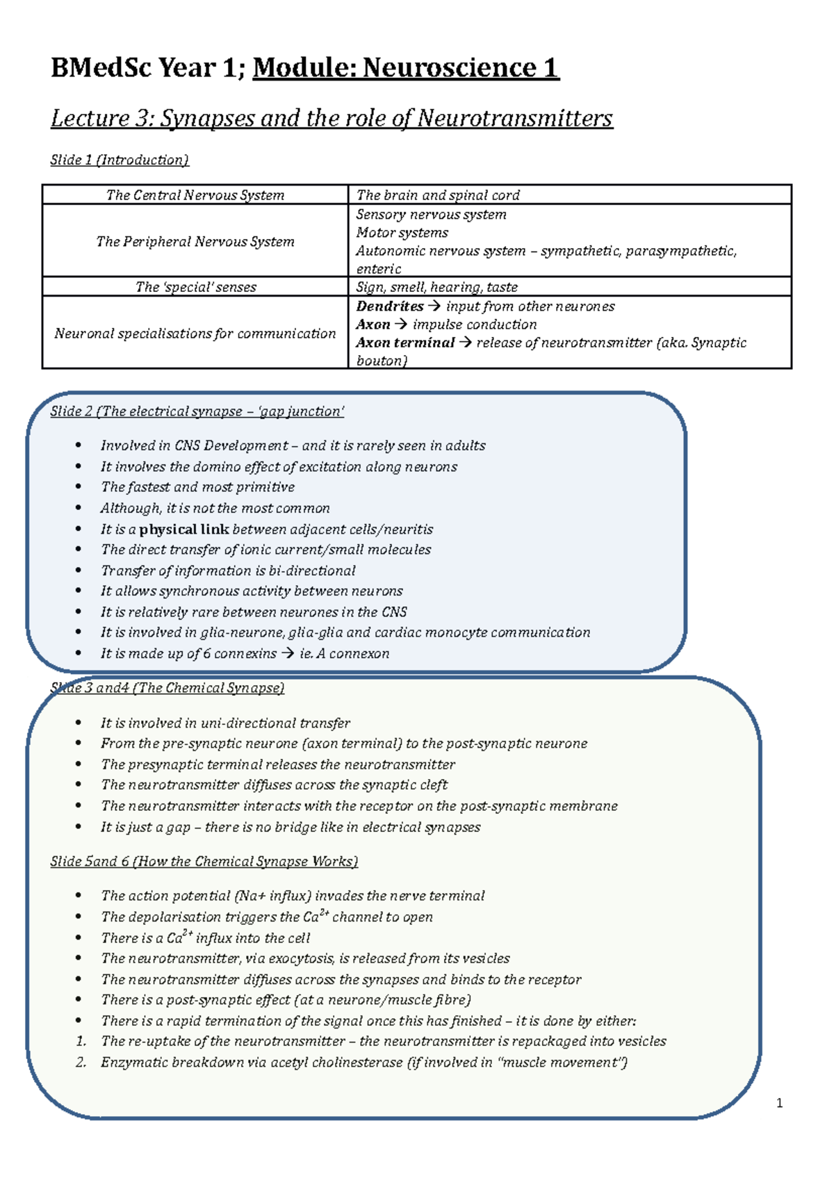 Synapses and The Role Of Neurotransmitters - Lecture notes, lecture 3 ...