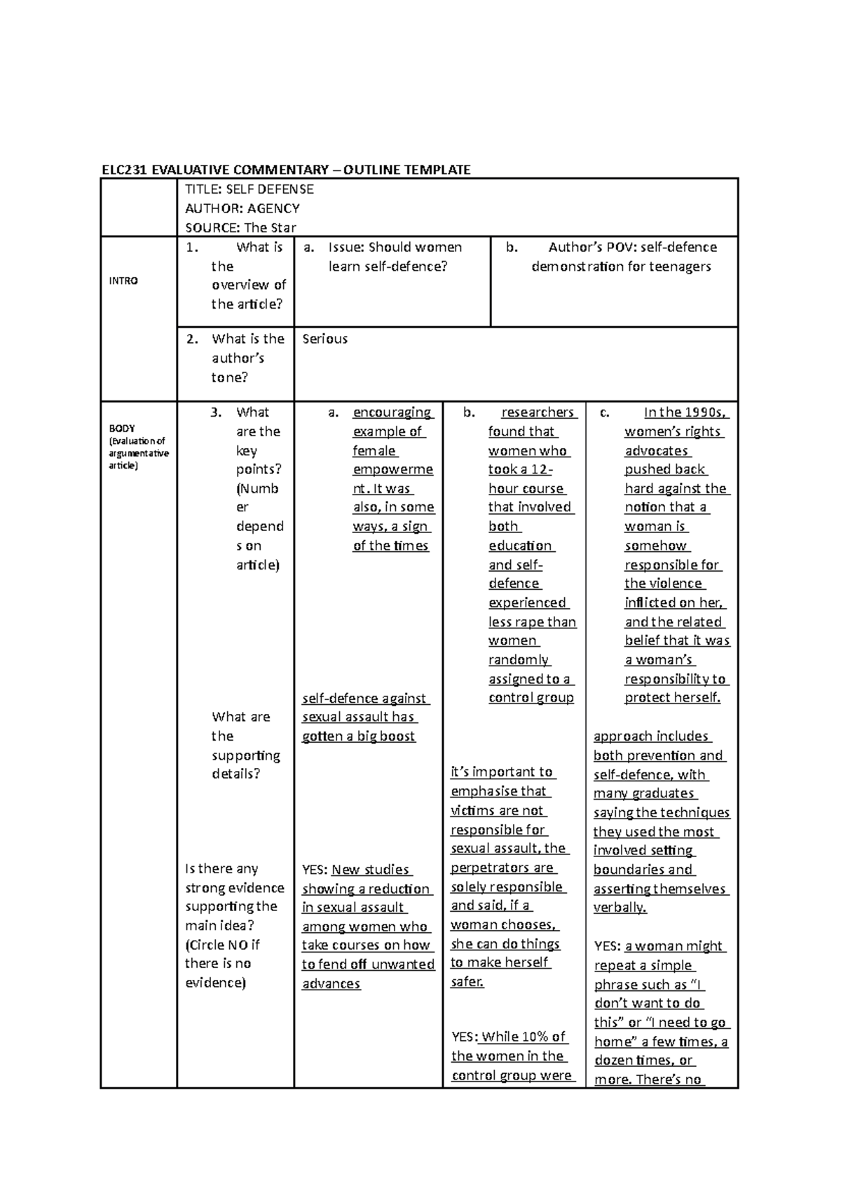 ELC231 Evaluative Commentary outline practice - ELC231 EVALUATIVE ...