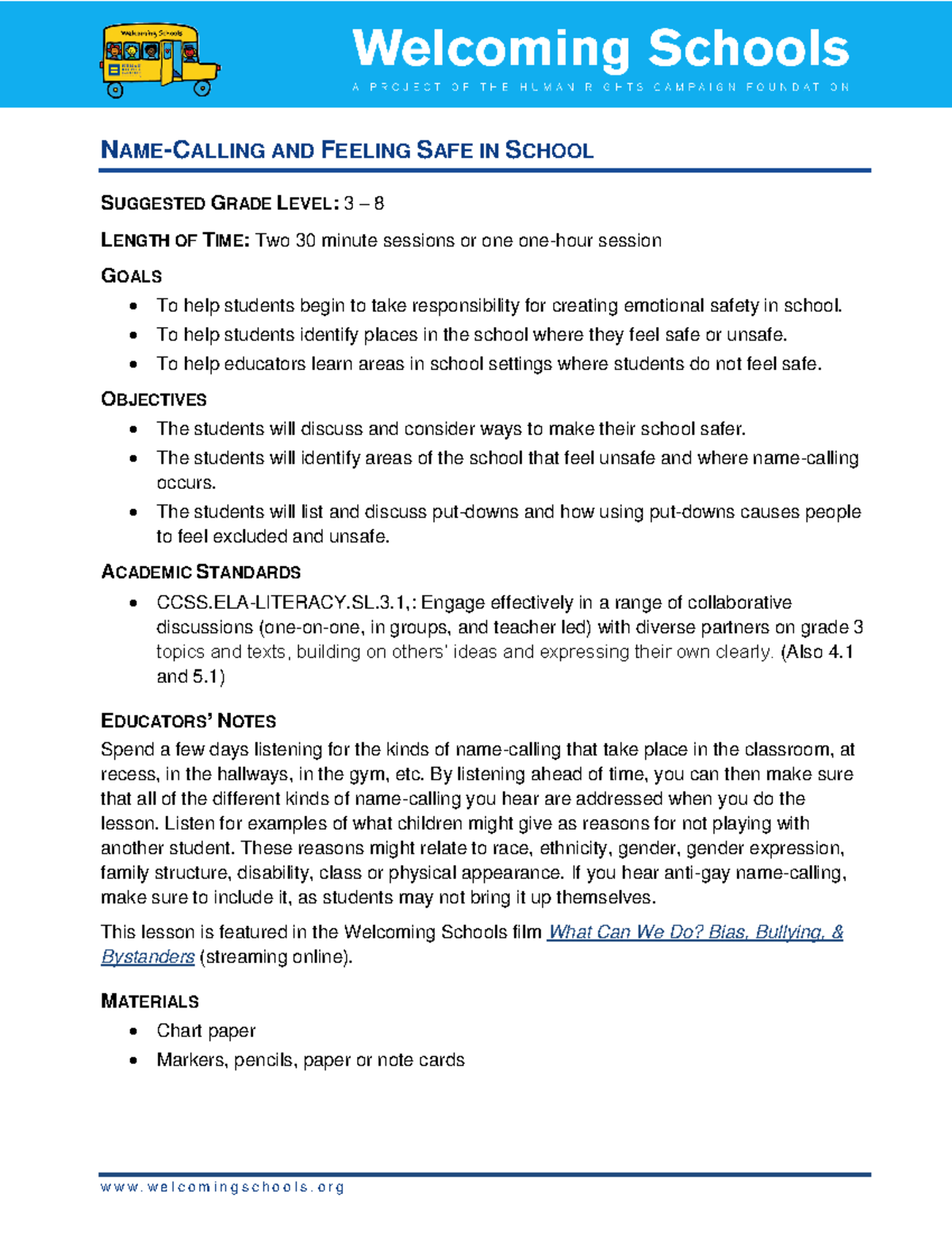 WS Lesson Namecalling and Feeling Safe - NAME-CALLING AND FEELING SAFE ...