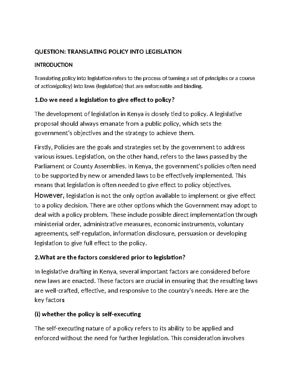 Legislative drafting - QUESTION: TRANSLATING POLICY INTO LEGISLATION ...