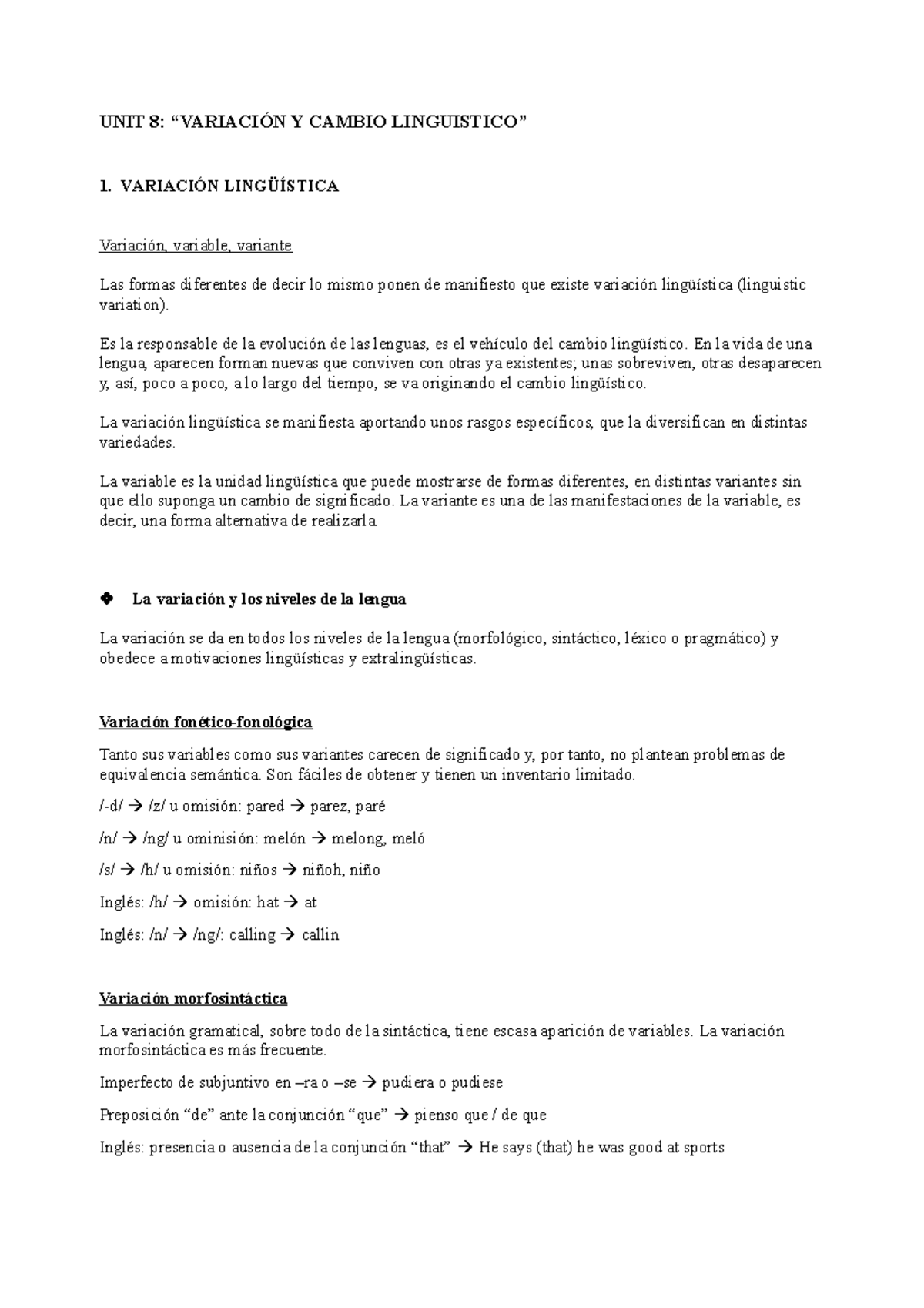 T8 - Variación y cambio ling Üístico - UNIT 8: Y CAMBIO 1. variable ...