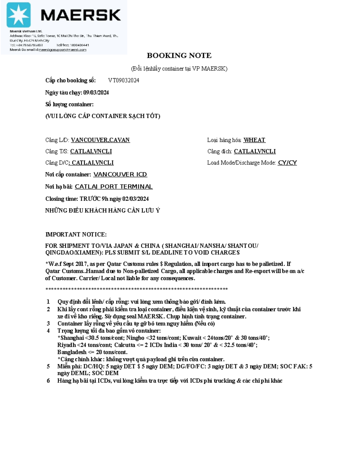 Booking NOTE- Maersk - BOOKING NOTE (Đổi lệnhlấy container tại VP ...