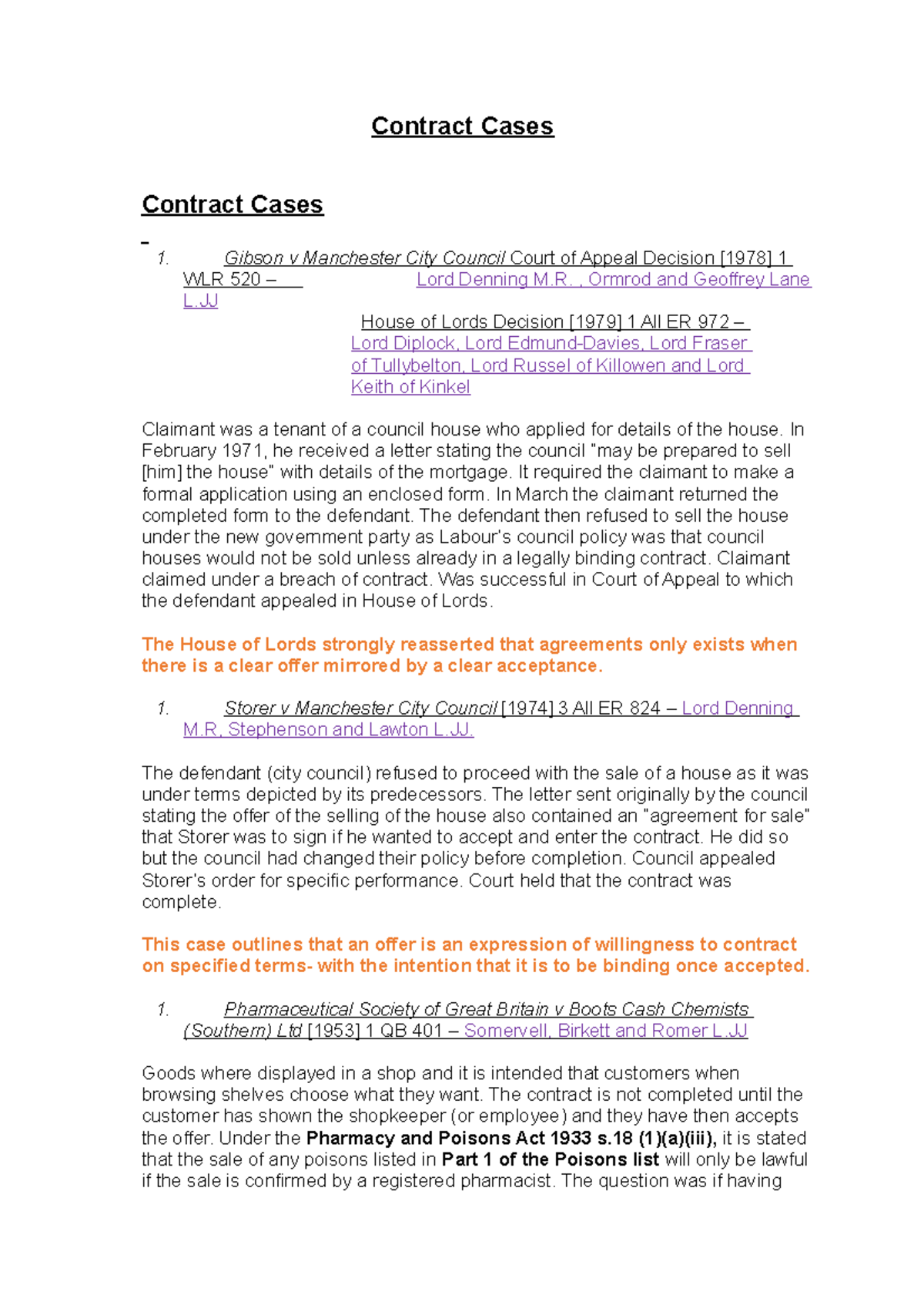 Contract Cases and decisions - Contract Cases Contract Cases 1. Gibson ...