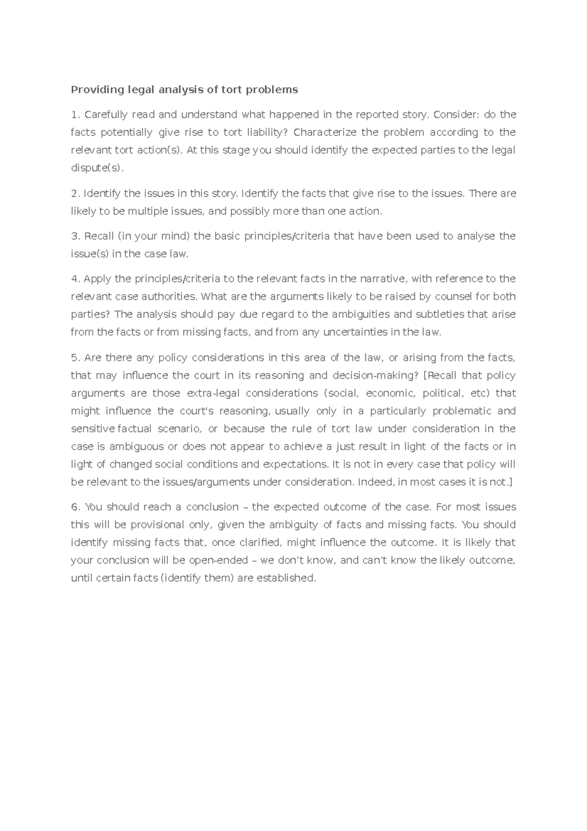 Writing legal analysis of tort problems - Law of Tort I - HKU - Studocu
