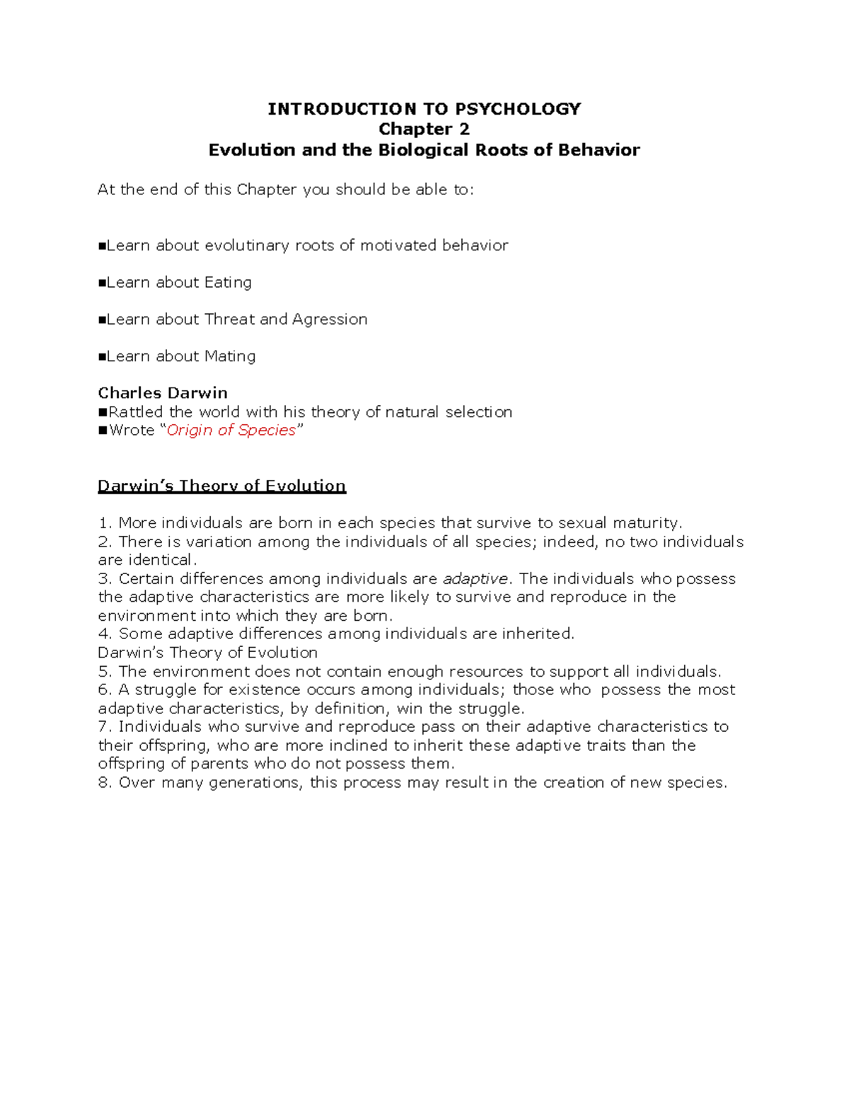 Chapter 2 Evolution and the Biological Roots of Behavior - INTRODUCTION ...