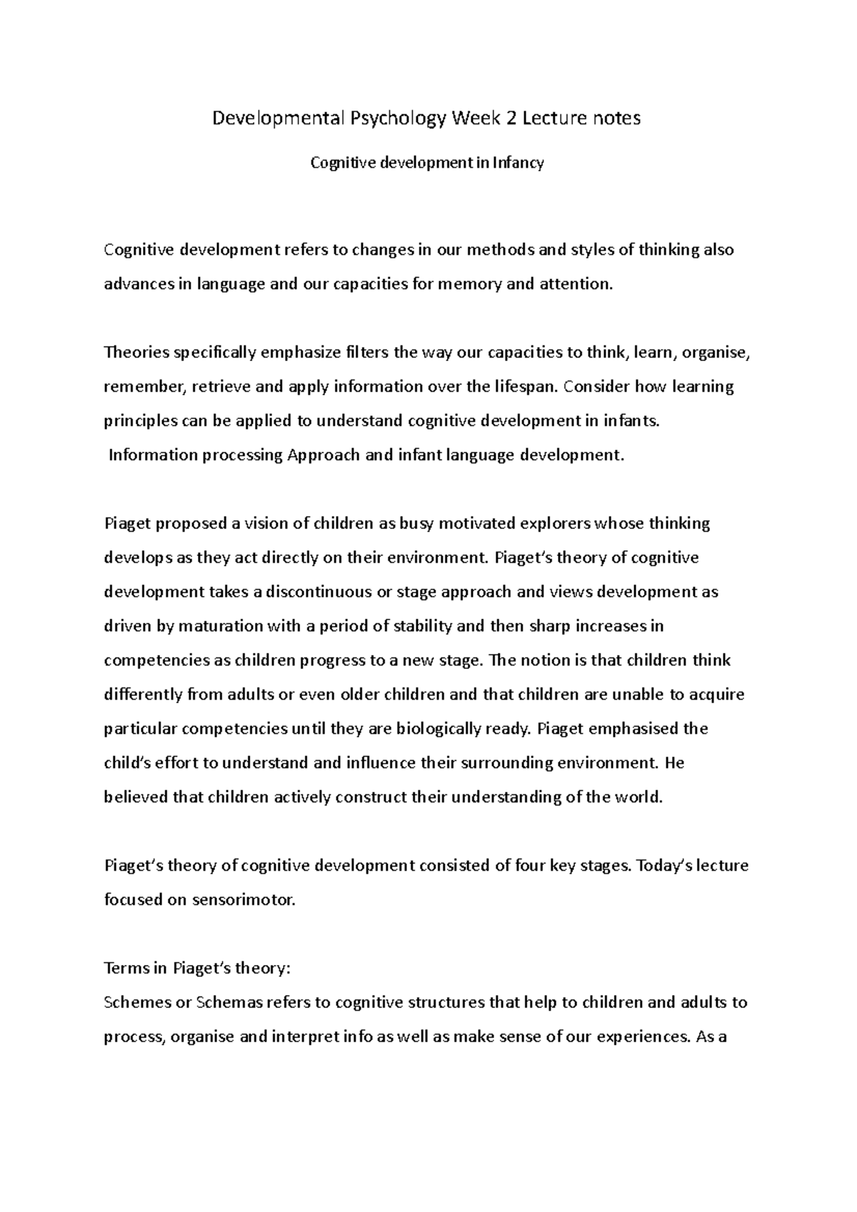 Developmental Psychology Lecture notes - Developmental Psychology Week ...