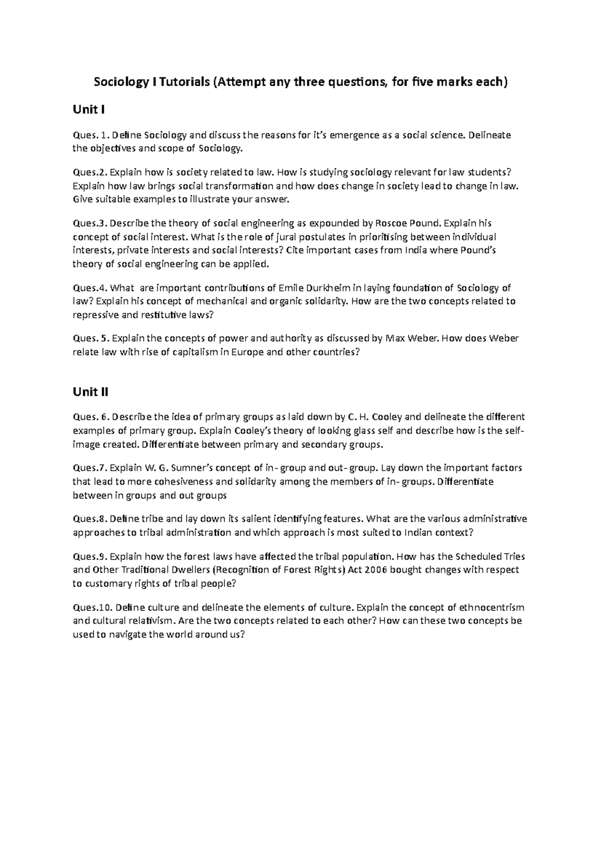 Sociology Questions - Sociology I Tutorials (Attempt any three ...