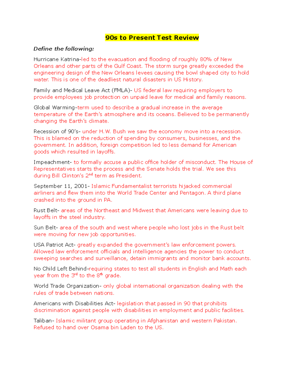 90's Era Review - 90s to Present Test Review Define the following ...