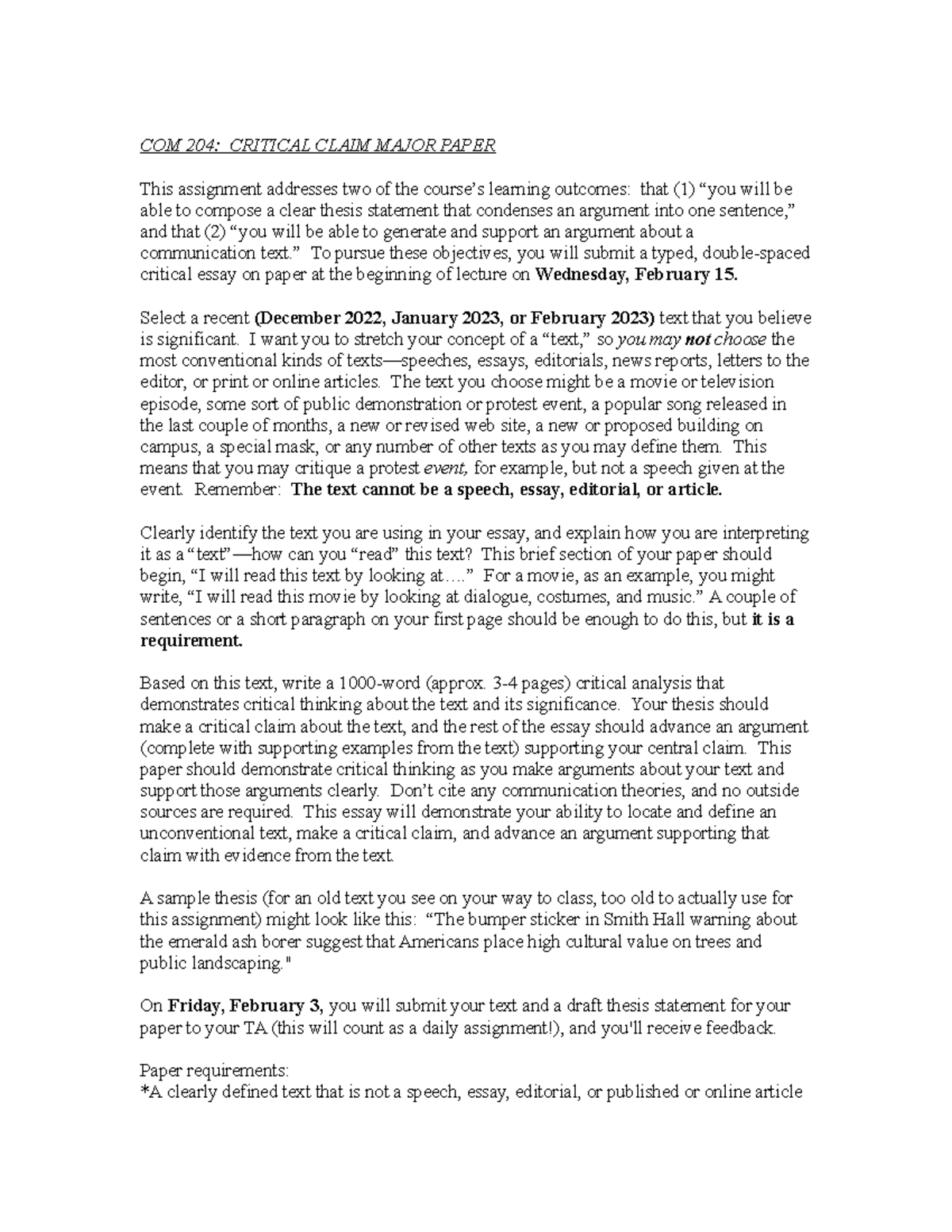 204Critical Claim Paper - COM 204: CRITICAL CLAIM MAJOR PAPER This ...