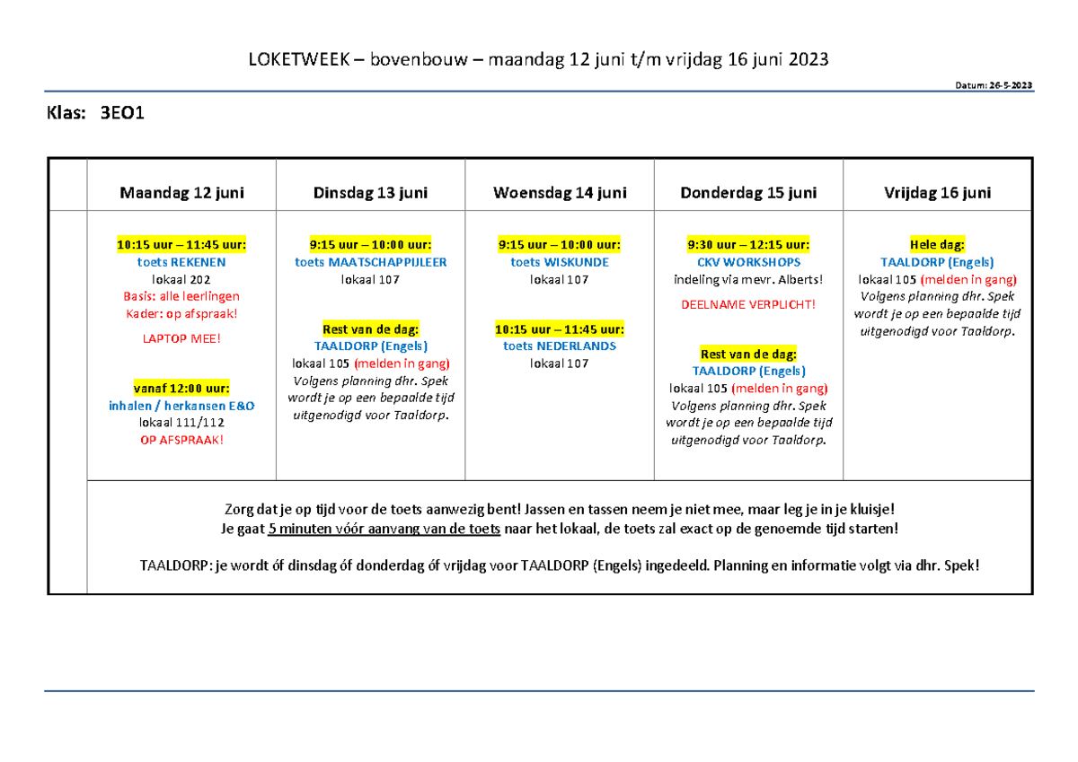 Toetsweek 3 - klas 3EO1 - dsadas - LOKETWEEK – bovenbouw – maandag 12 ...