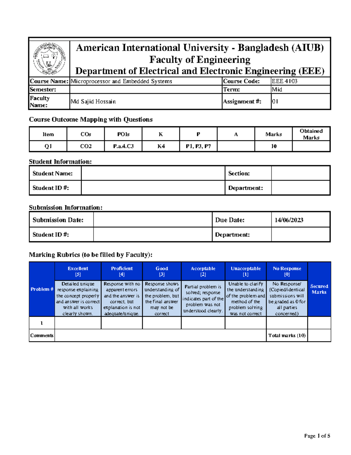 Midterm Assignment 1 MSH - American International University - Bangladesh (AIUB) Faculty of ...