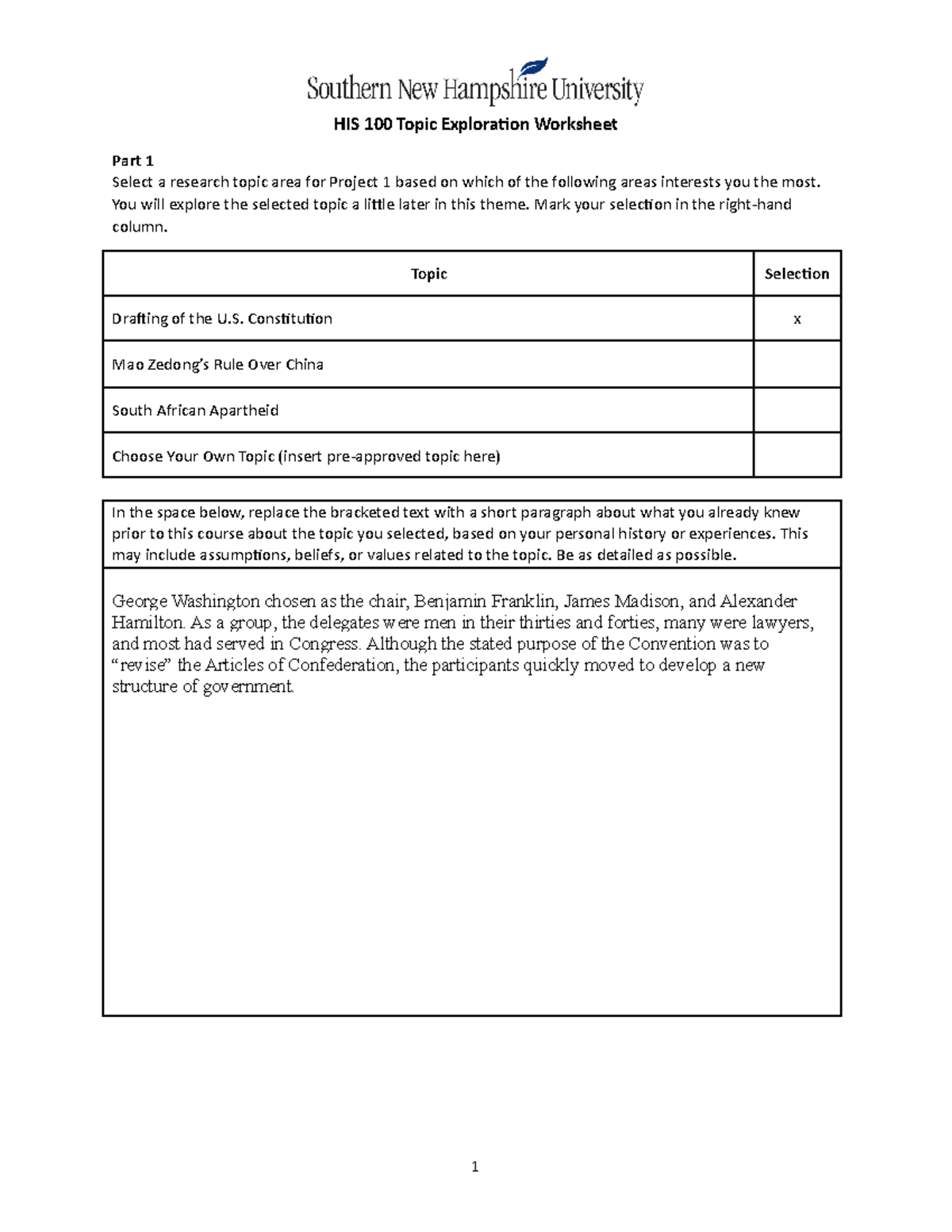 His 100 topic exploration 2 - HIS 100 Topic Exploration Worksheet Part ...