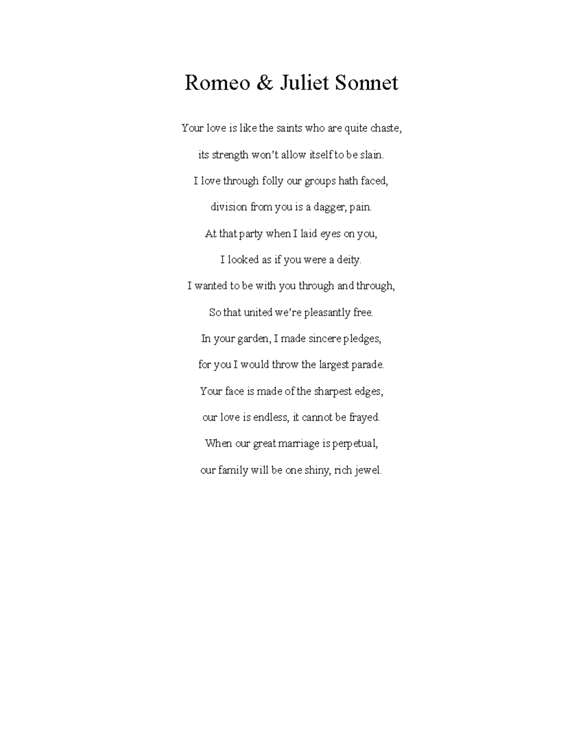 R&J English Sonnet - Romeo & Juliet Sonnet Your love is like the saints ...