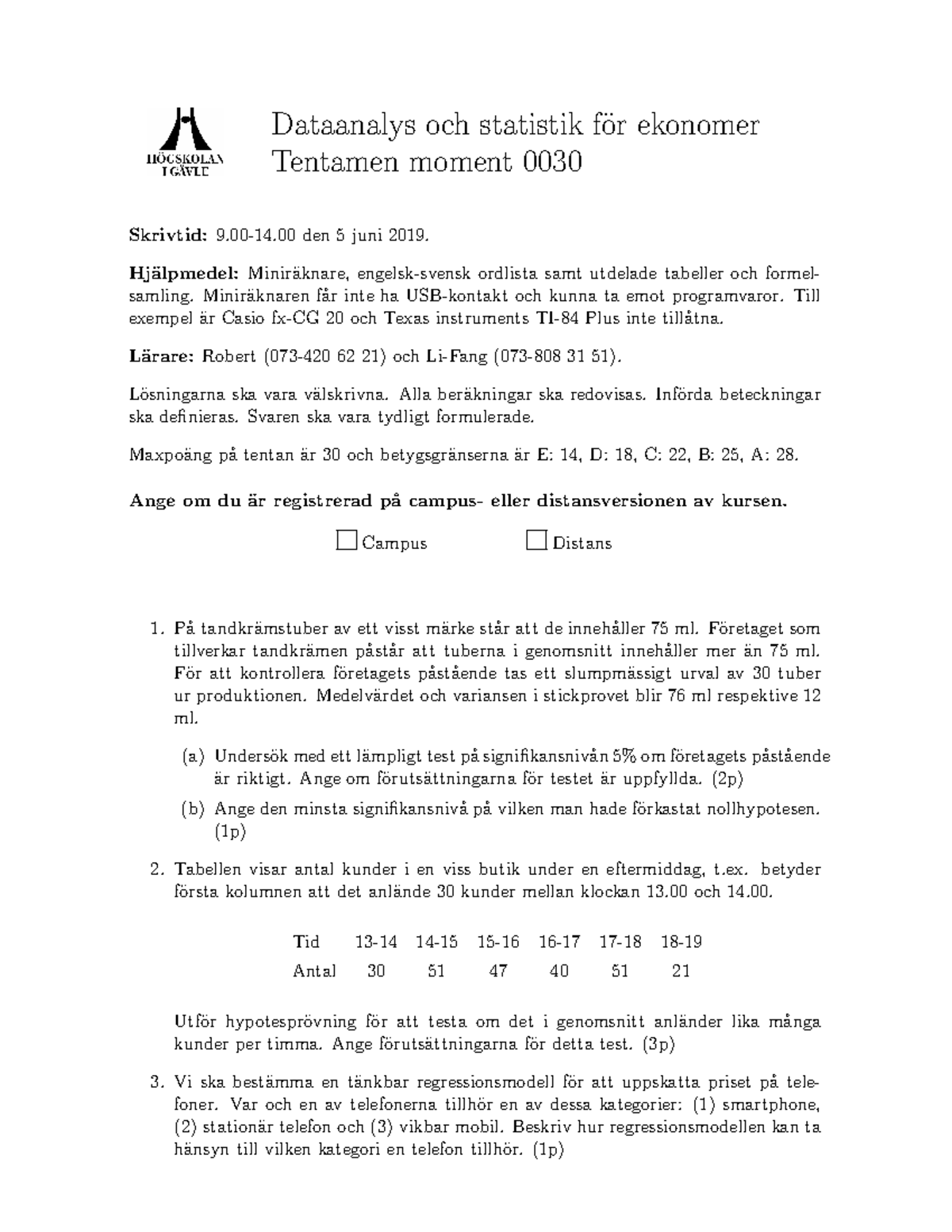 ST006A Dataanalys och statistik för ekonomer 0030 190605 - Dataanalys ...