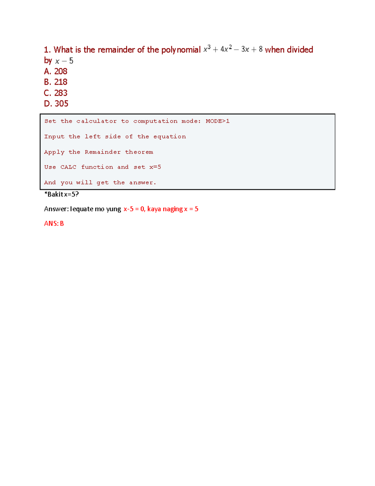 Caltech PARA SA Tagumpay - 1. What is the remainder of the polynomial ...