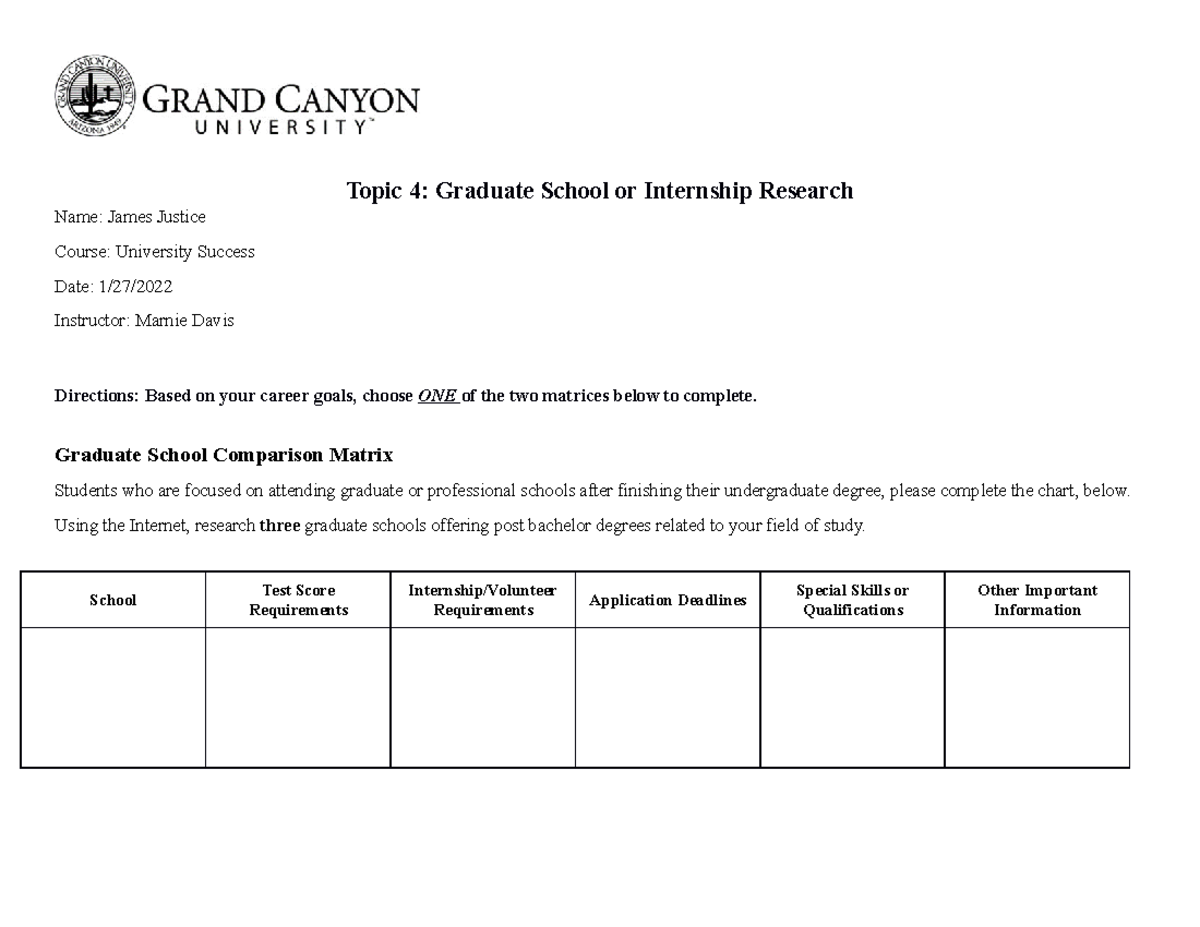 Intern matrix- Resarch Guide - Topic 4: Graduate School or Internship ...