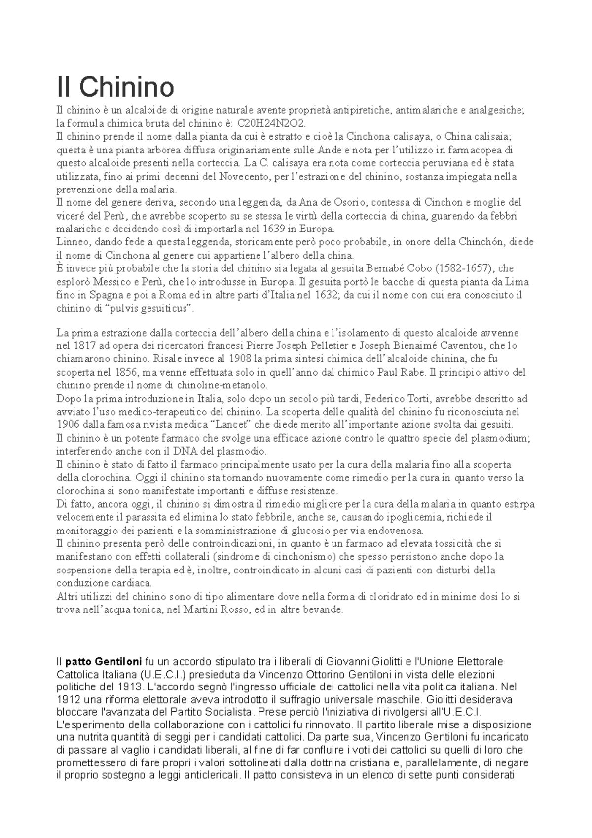 Il chinino - Il Chinino Il chinino è un alcaloide di origine naturale ...