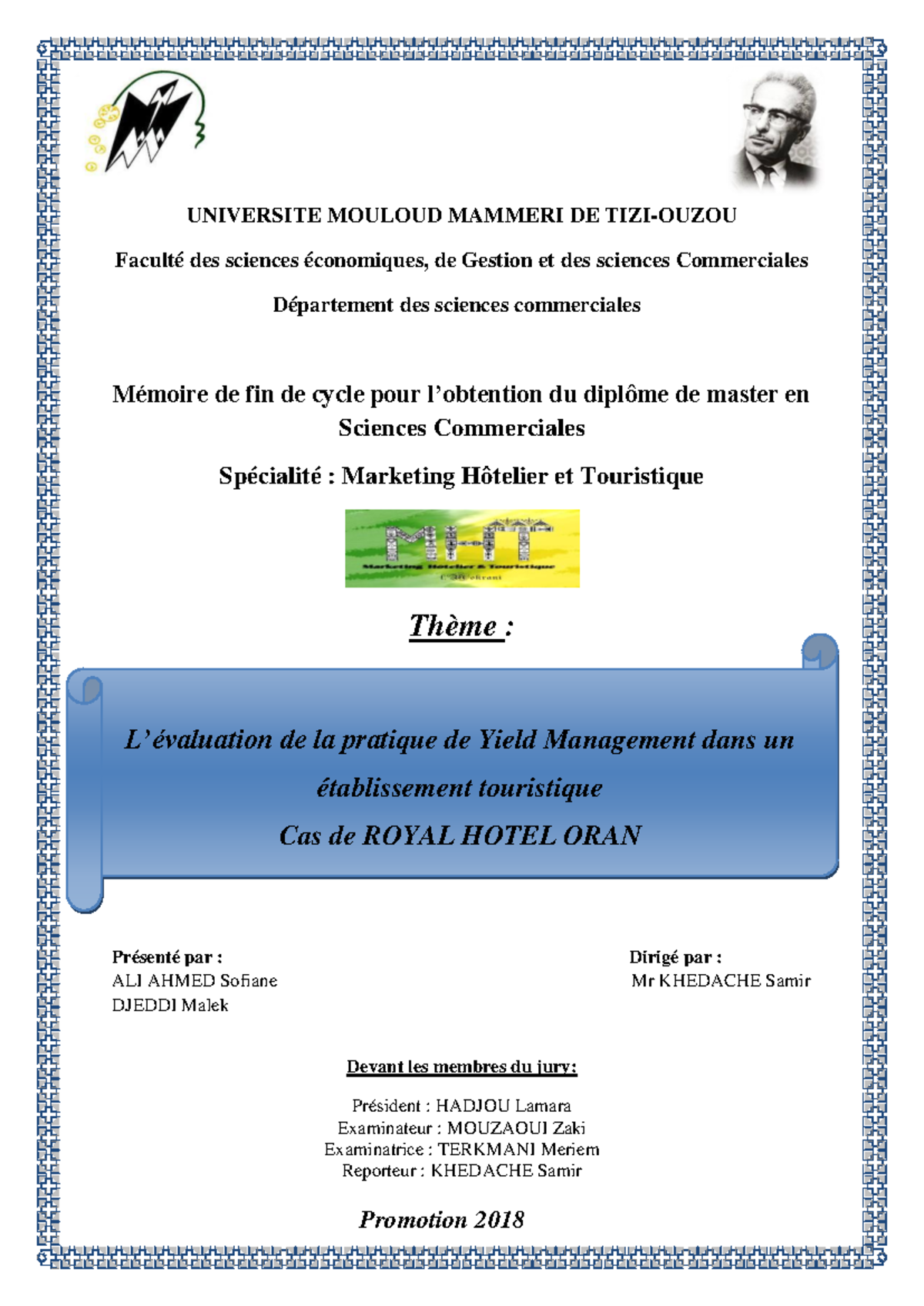 Memoire final - UNIVERSITE MOULOUD MAMMERI DE TIZI-OUZOU Faculté des ...