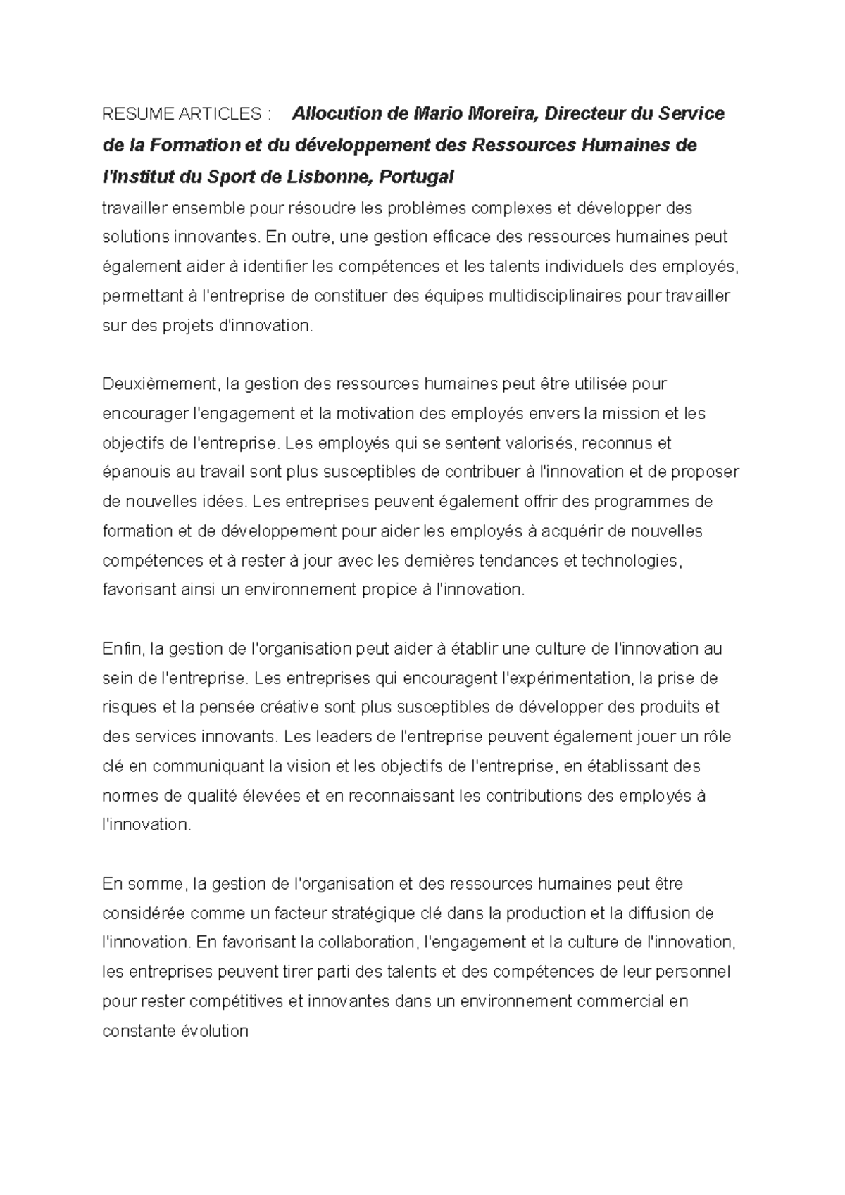 Allocution de Mario Moreira, Directeur du Service de la Formation et du ...