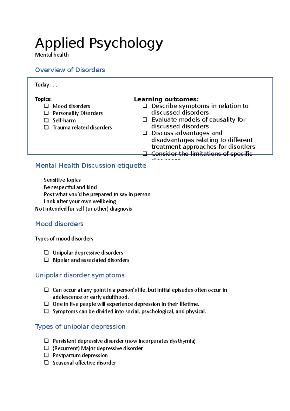 Overview of Disorders - Lecture notes 10 - Applied Psychology Mental ...