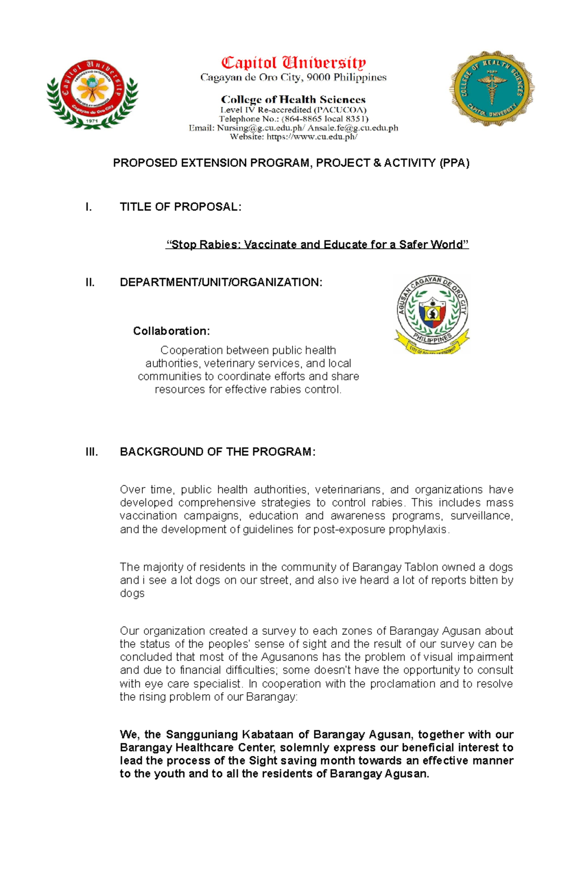 Proposed Extension Program 1 - PROPOSED EXTENSION PROGRAM, PROJECT ...