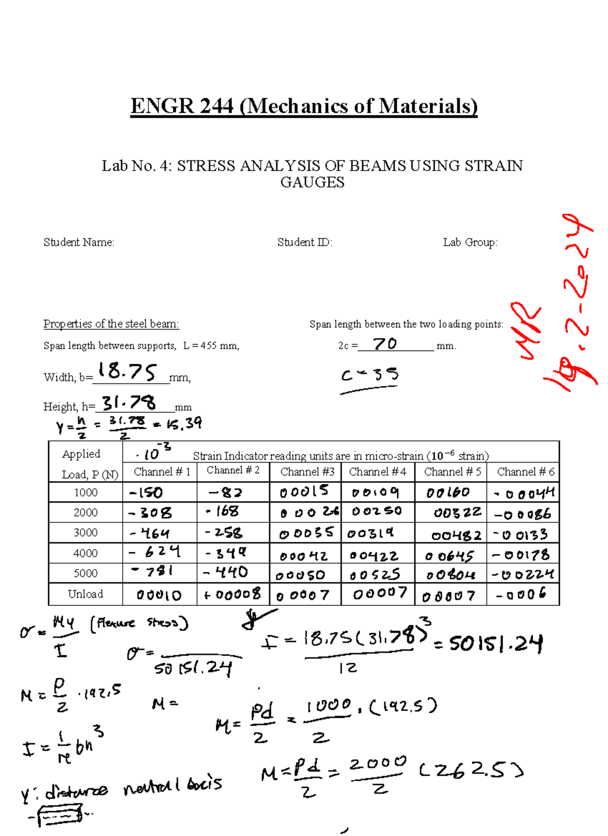 Lab 4 Data Sheet Completed - ENGR 244 (Mechanics of Materials) Lab No. 4: STRESS ANALYSIS OF ...