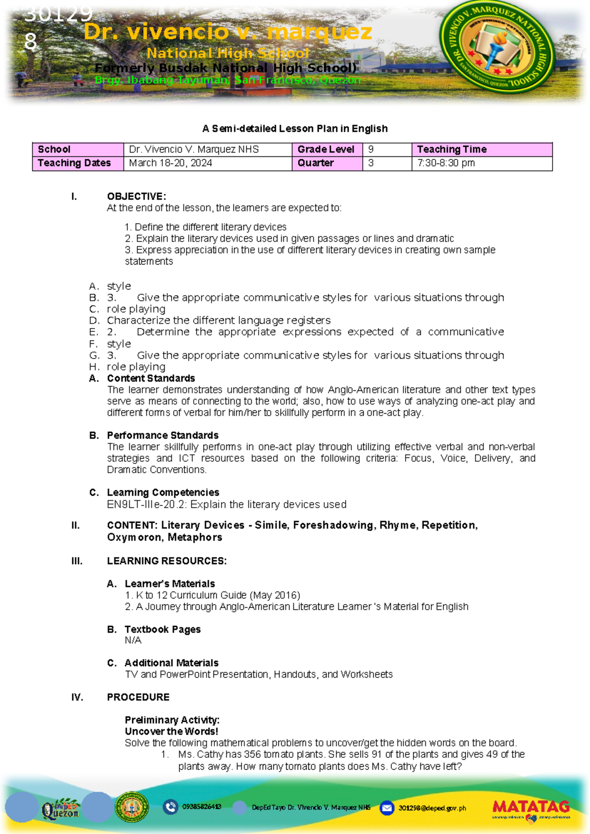 Lesson Plan_Literary Devices - Dr. vivencio v. marquez National High ...