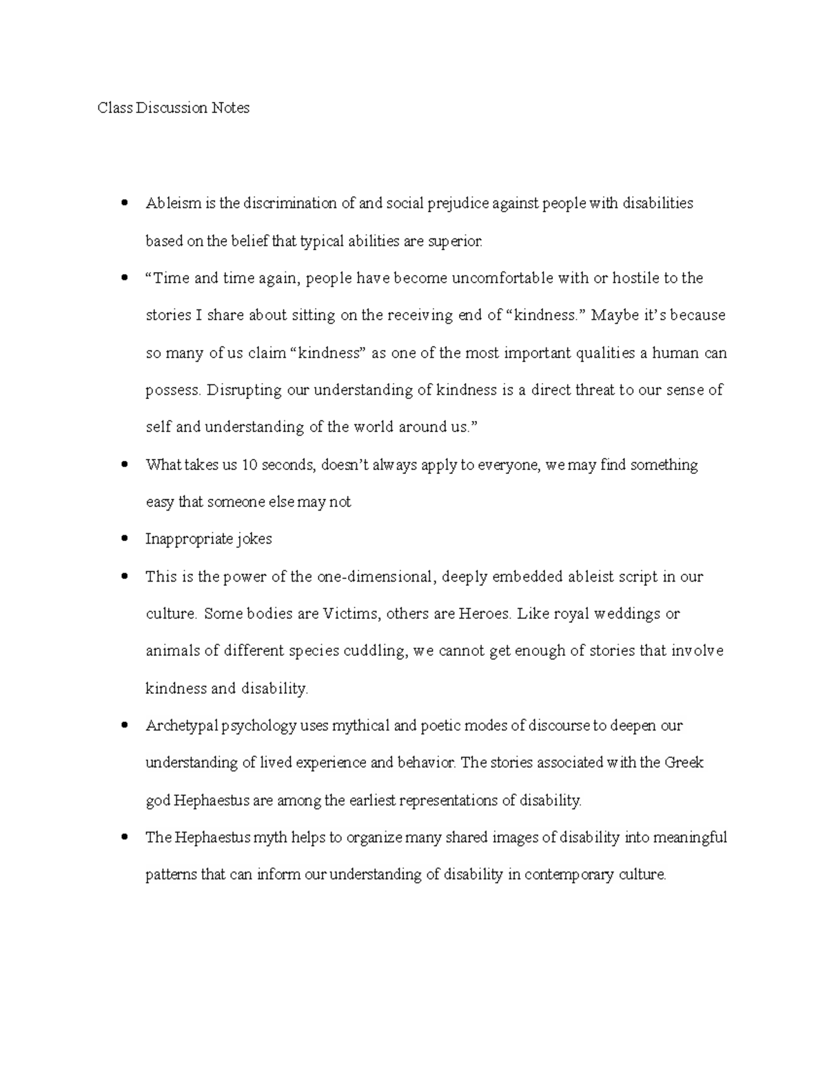 Class Discussion February 9 - Class Discussion Notes Ableism is the ...