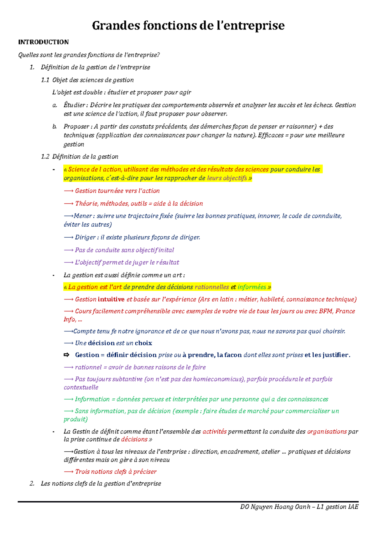 GFE - Introduction - Take note - Grandes fonctions de l’entreprise INTRODUCTION Quelles sont les ...