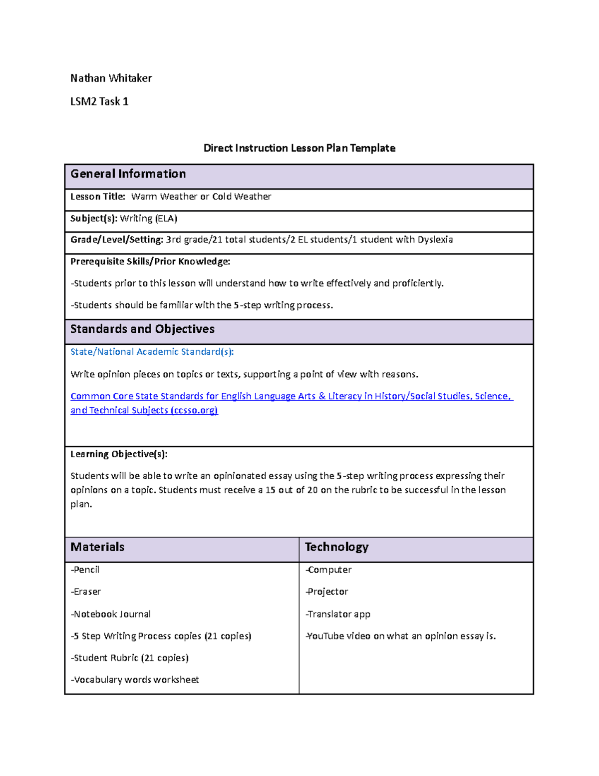 LA Task 1 - Task 1. - Nathan Whitaker LSM2 Task 1 Direct Instruction Lesson Plan Template ...