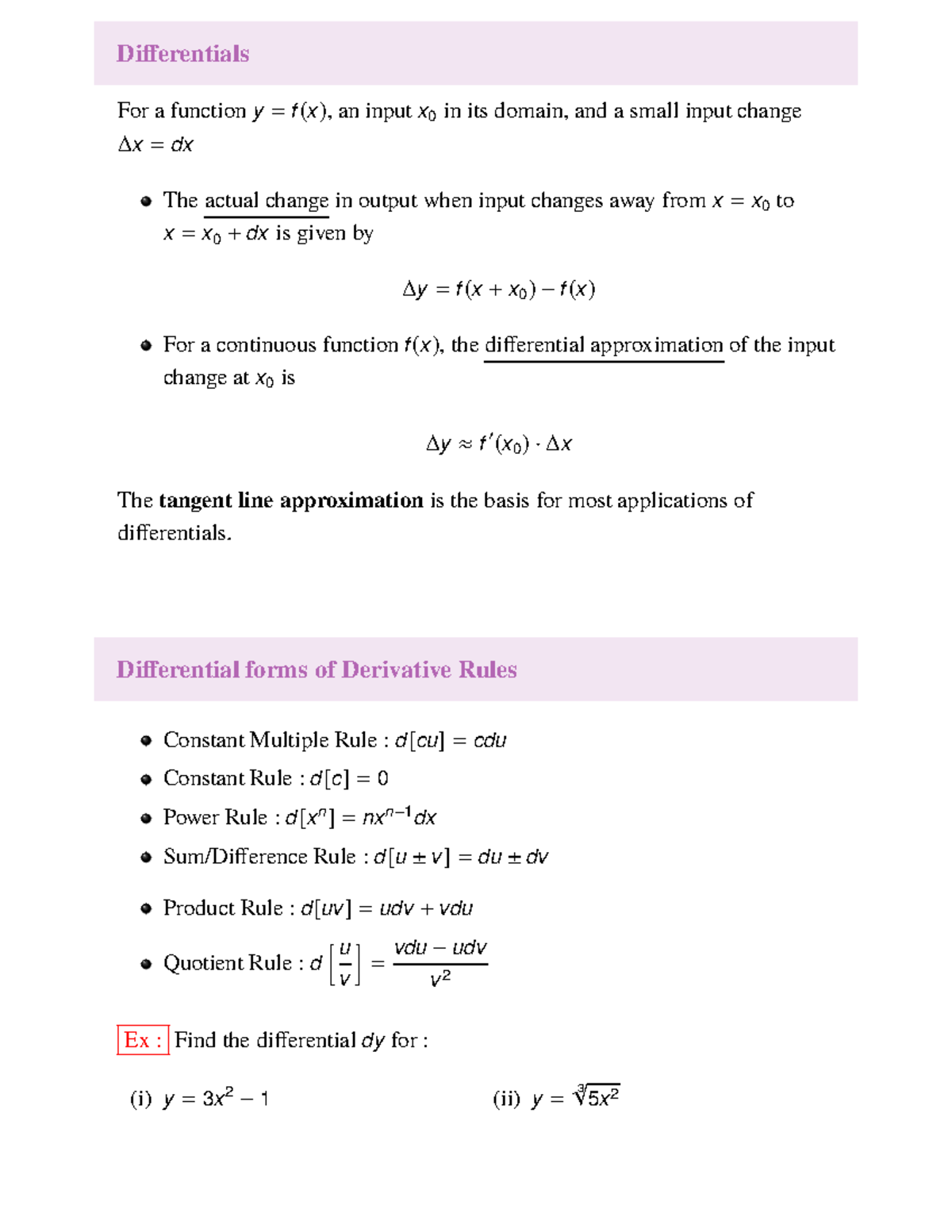 Lec 12 Oct. 27 - Lec 10 Oct. 20 - Differentials For a function y = f (x), an input x 0 in its ...