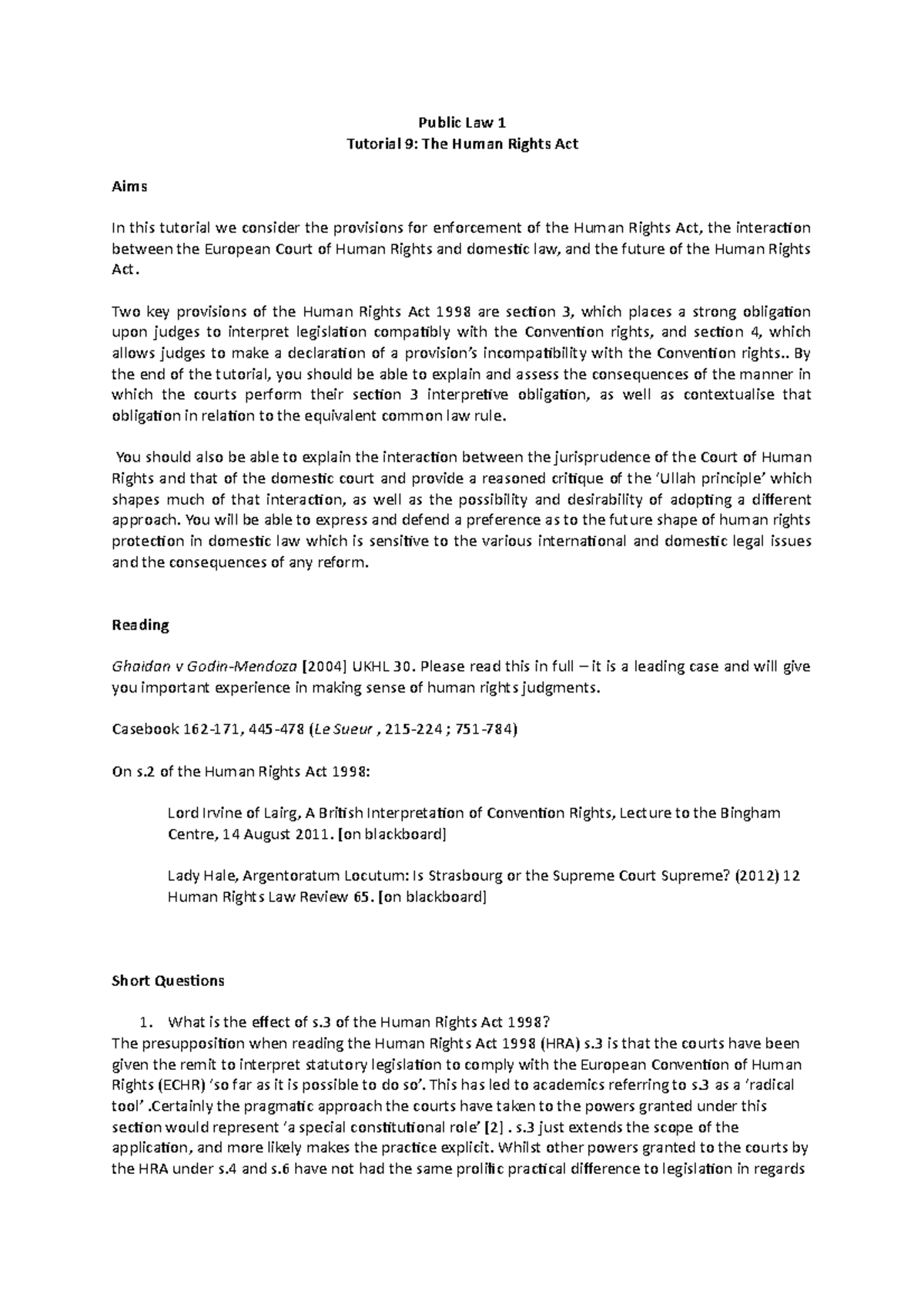Tutorial 9 Activity - Public Law 1 Tutorial 9: The Human Rights Act ...