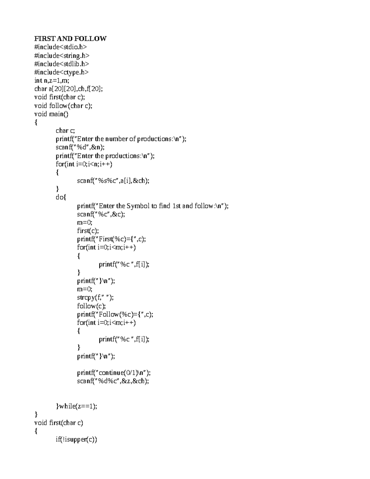 Compiler LAB full programs - FIRST AND FOLLOW #include #include - Studocu