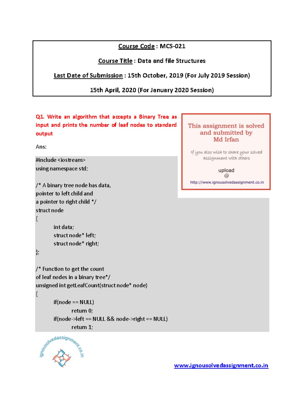 Mcs-021 - Mcs 021 solved - Course Code : MCS-0 21 Course Title : Data and file Structures Last ...