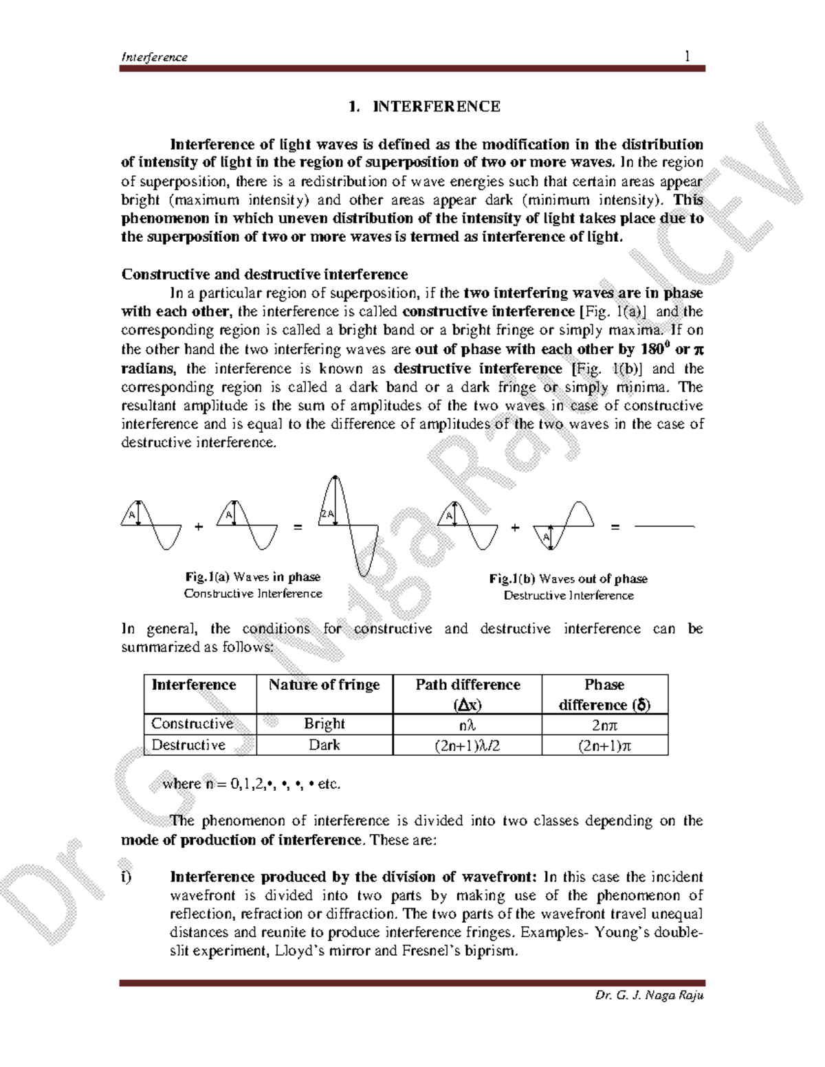 Applied Physics - Interference 1 A A 2 A A A 1. INTERFERENCE ...