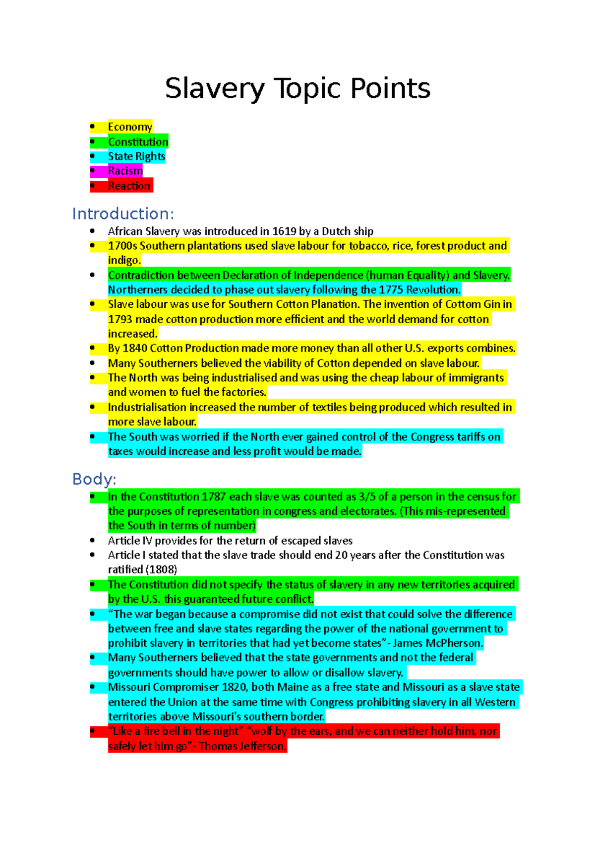Slavery Topic Points - notes - Slavery Topic Points Economy ...