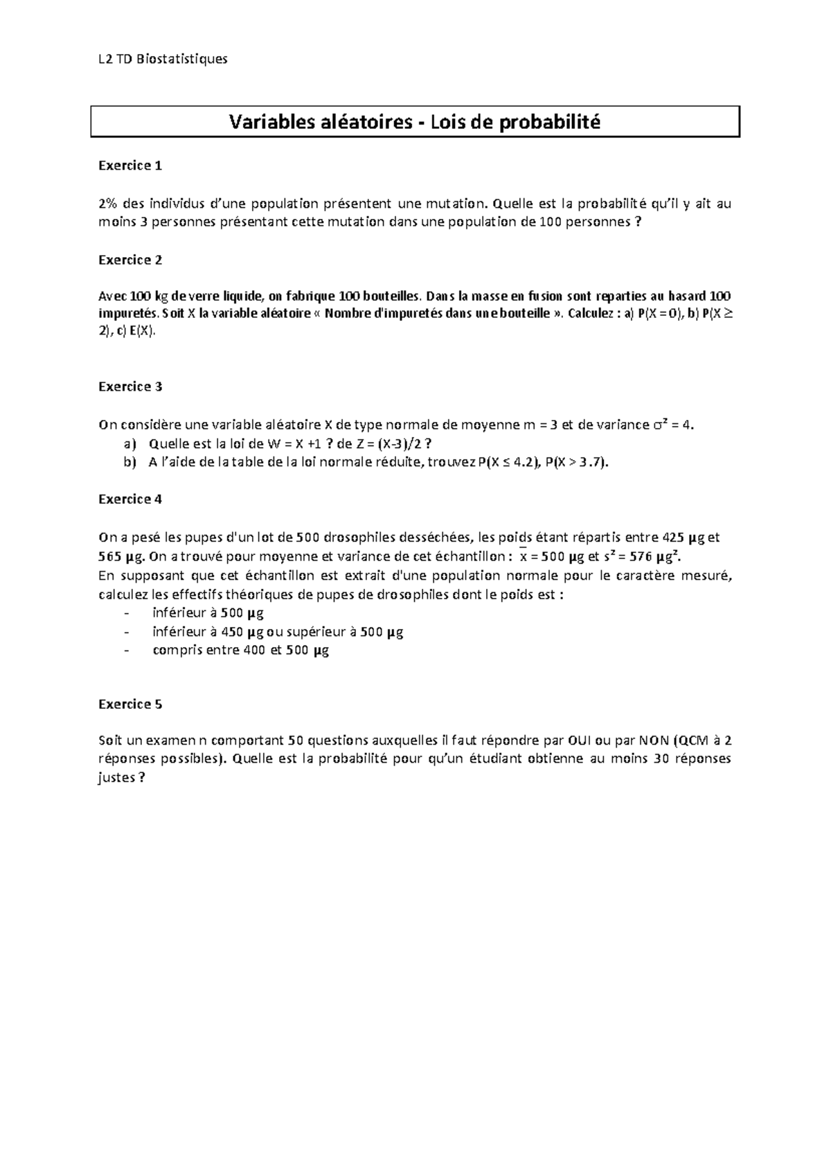 Correction Td2 Variables Aléatoires Lois De Probabilité