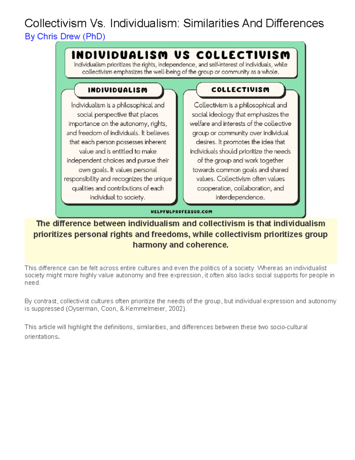Individualism vs. Collectivism Article 2024 - Collectivism Vs ...