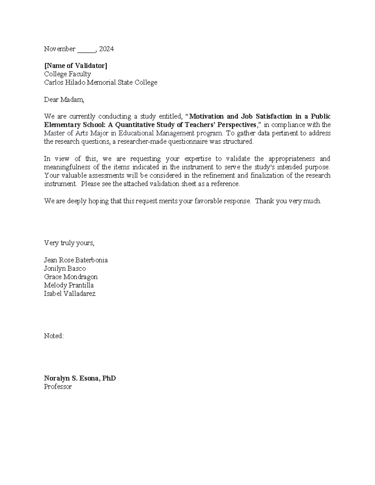 Letters to the Validators Title SOP Research Instrument Validation ...