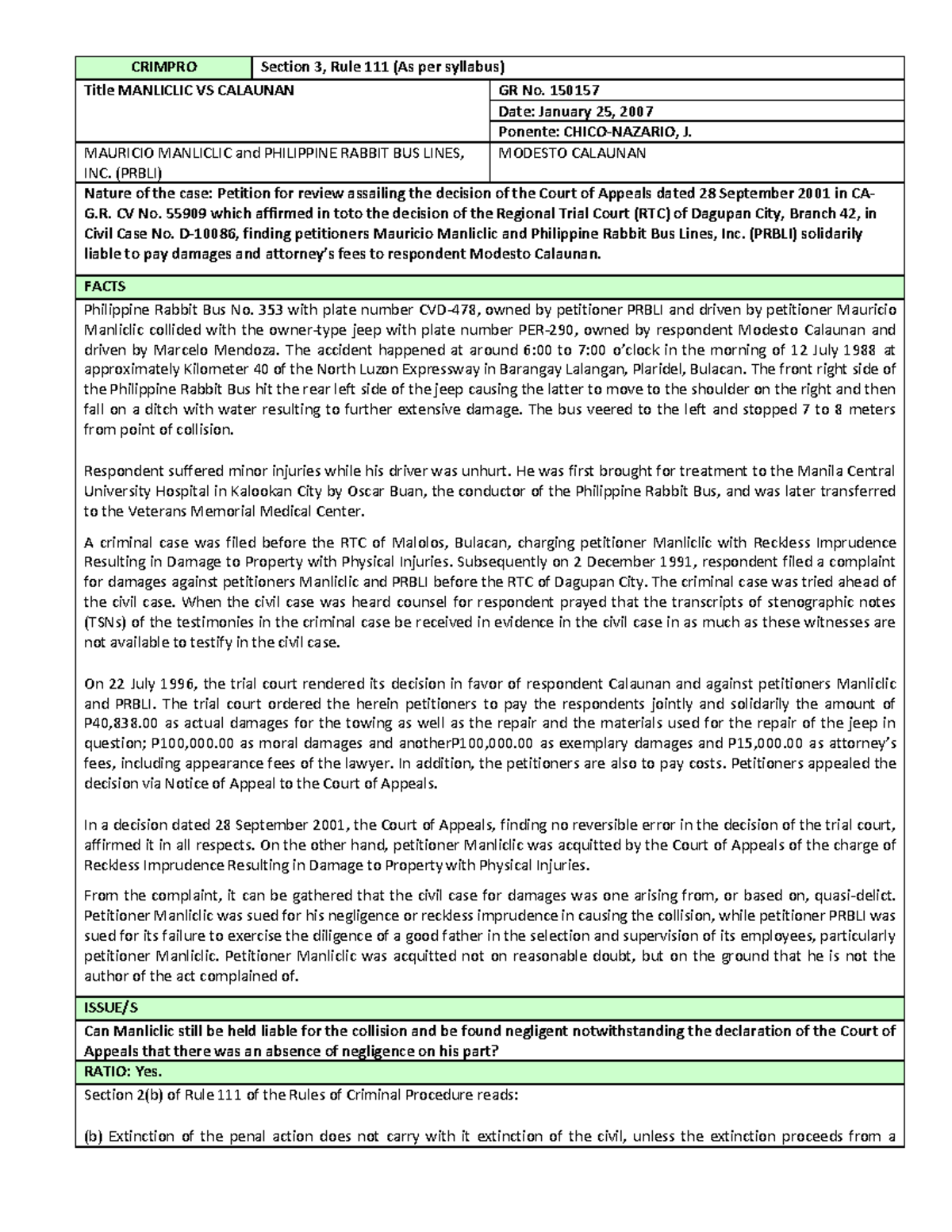 Manliclic vs. Calaunan - CRIMPRO Section 3, Rule 111 (As per syllabus ...