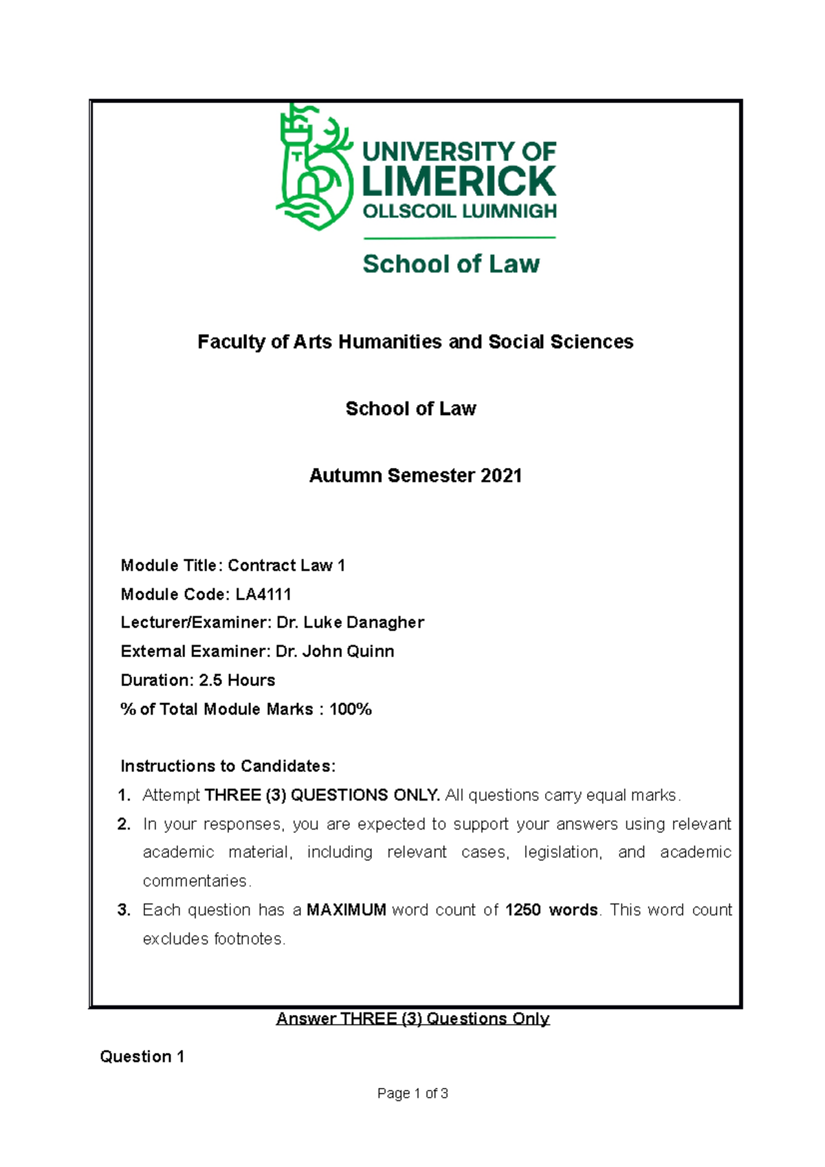 LA4111 Autumn EXAM Paper 2021 Final - Faculty of Arts Humanities and ...