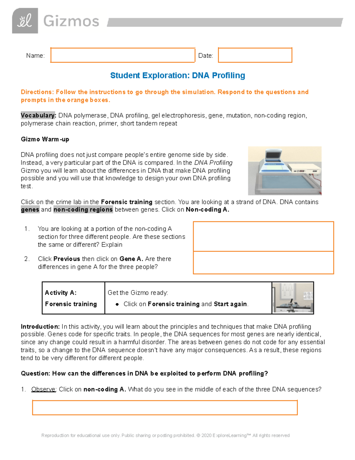 Gizmo DNA Profiling SE - Name: Date: Student Exploration: DNA Profiling ...
