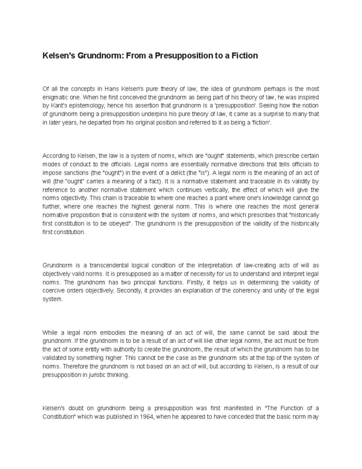 Kelsen's Grundnorm From a Presupposition to a Fiction - When he first ...