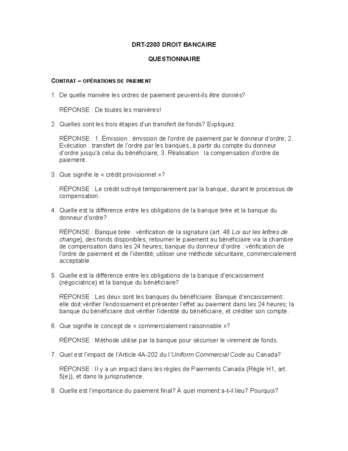 BAN - Questionnaire (Opérations de paiement) - Réponses - DRT-2303 ...