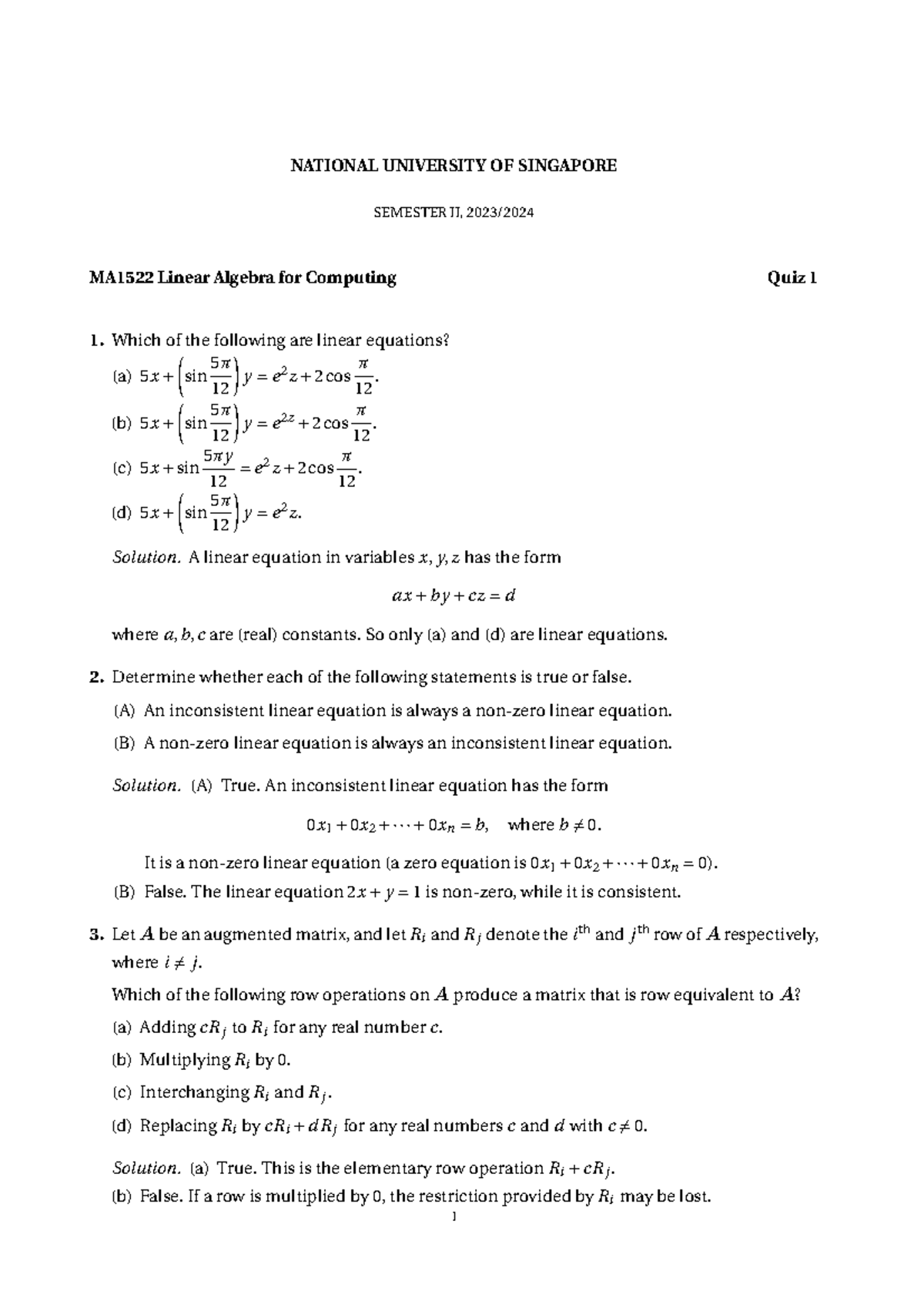 Quiz 1 - ddal is the quiz 1 - NATIONAL UNIVERSITY OF SINGAPORE SEMESTER II, 2023/ MA1522 Linear ...